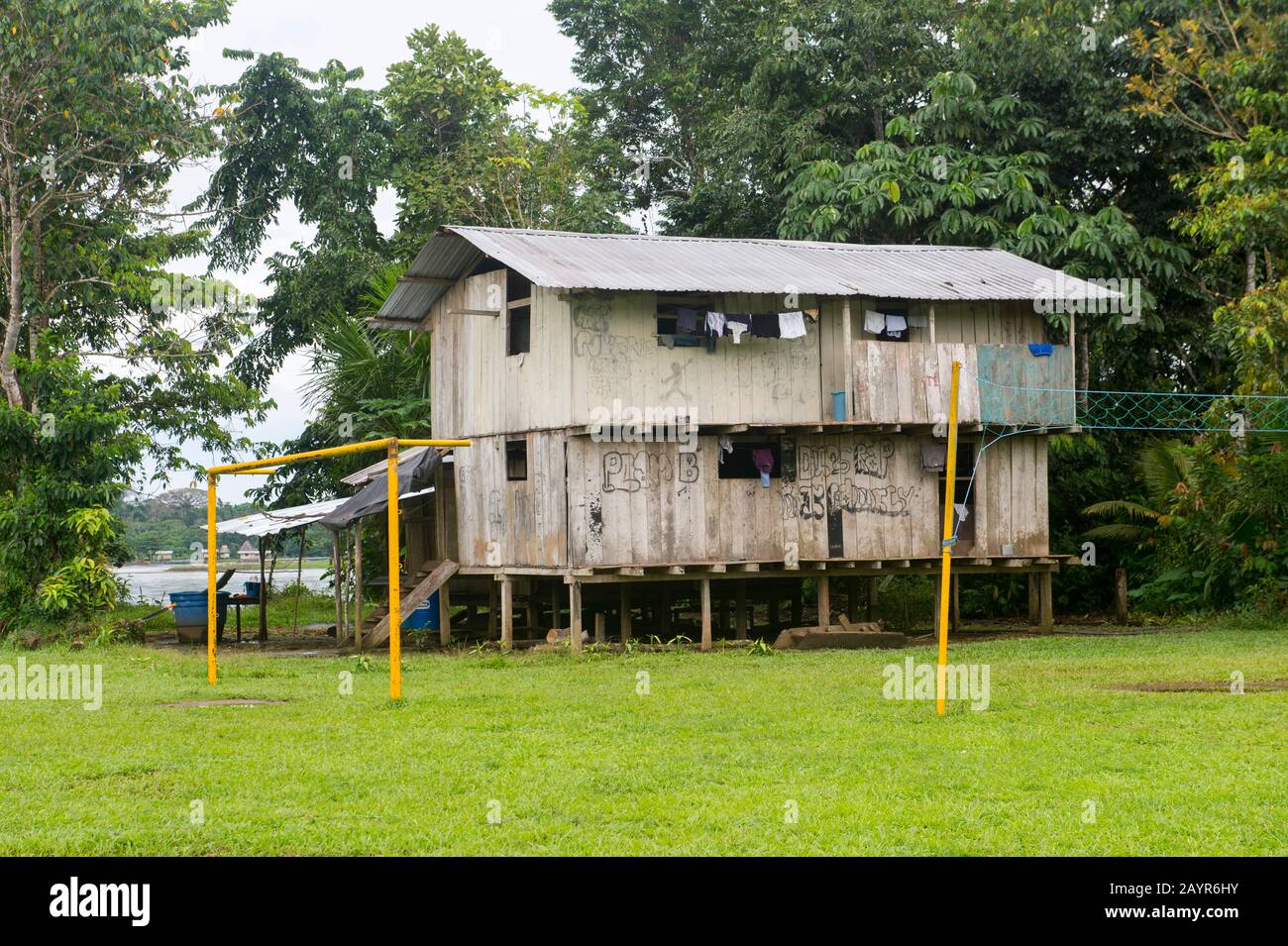 Huts on stilts at the Kichwa native community O El Pilchi near La Selva ...