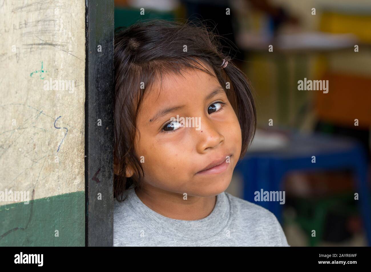Portrait of a Kichwa native girl at the native community O El Pilchi ...