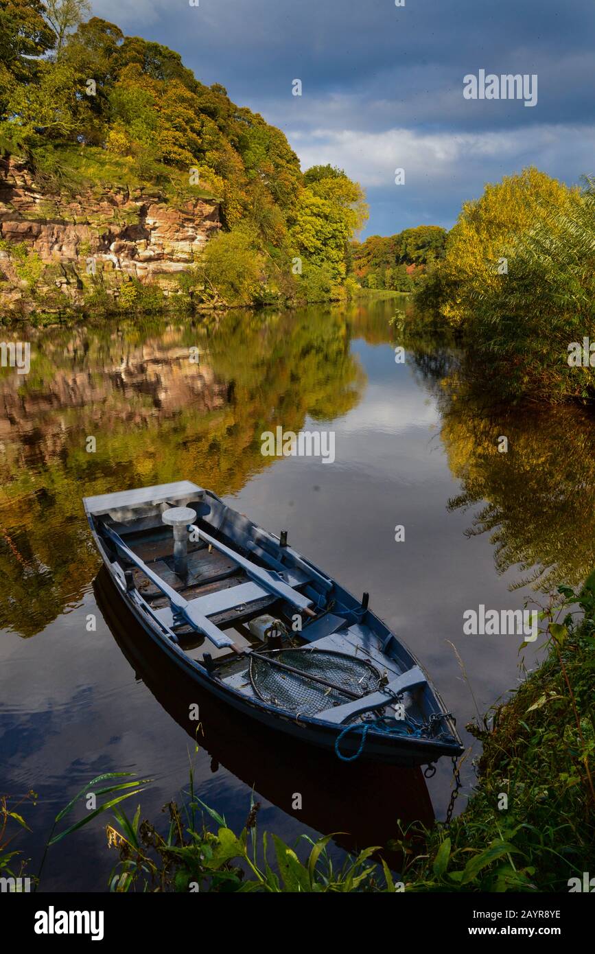 Angling boat on part of Tillmouth fishing beat on the River Tweed ...