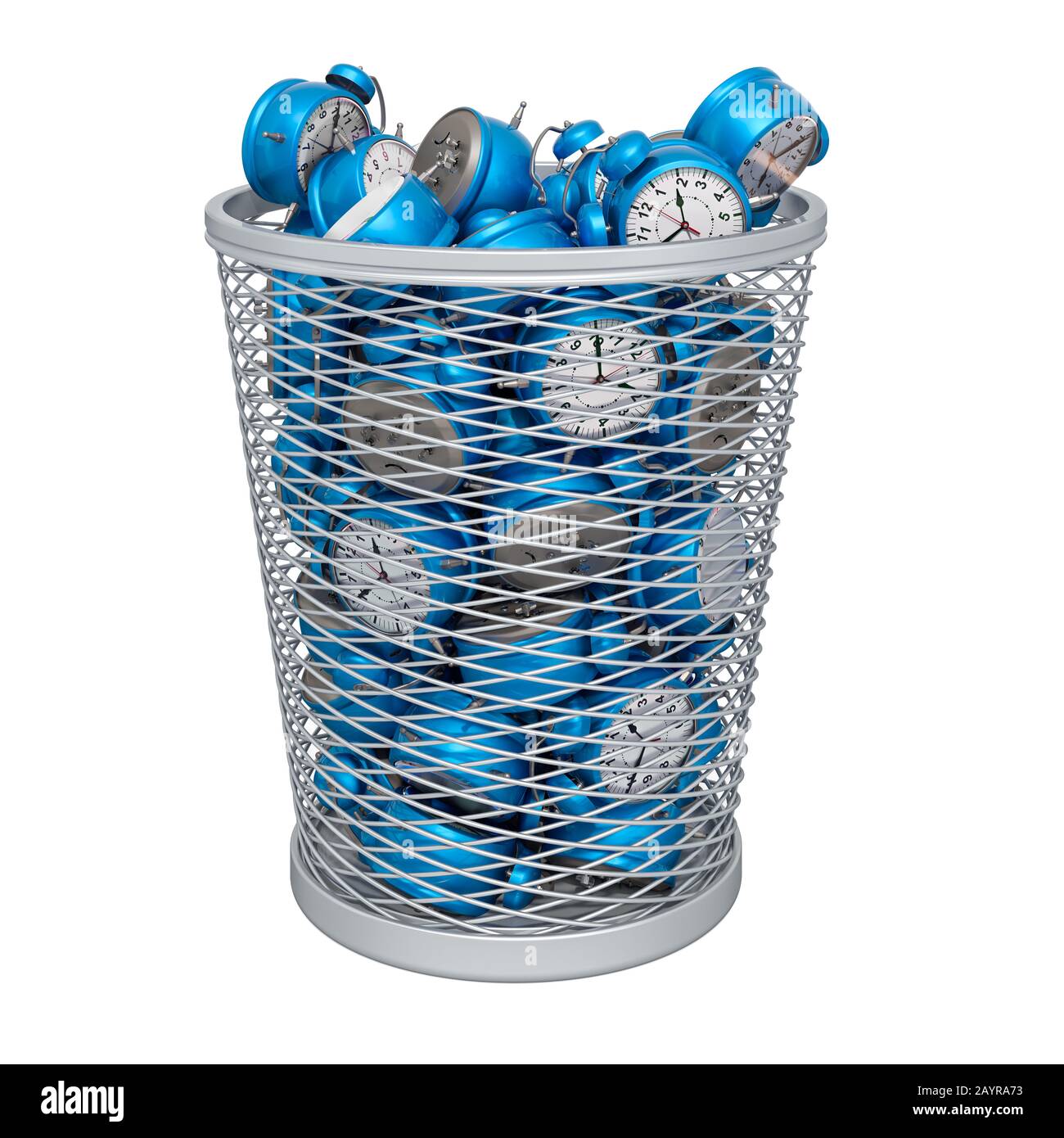 Alarm clocks inside metallic garbage bin, 3D rendering isolated on ...