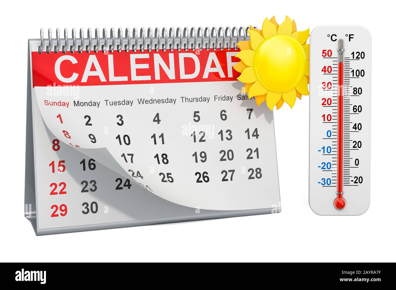 Desk calendar with sun and thermometer, summer season concept. 3D ...