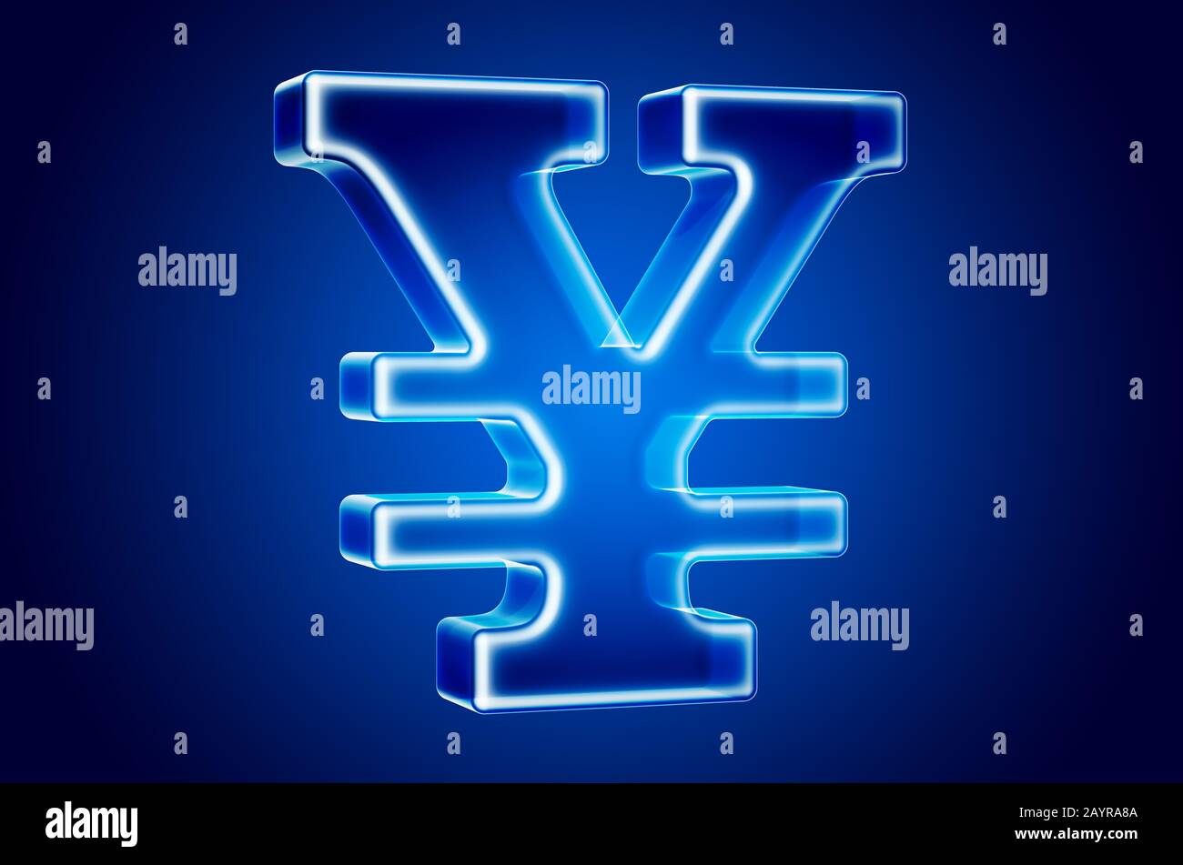 Yen or yuan symbol ghost light effect, hologram. 3D rendering on dark blue background Stock ...