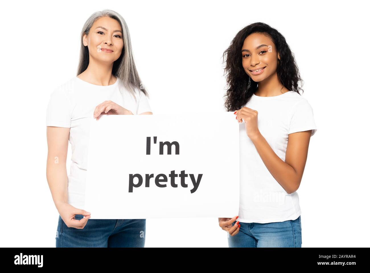 happy african american and asian women holding i`m pretty placard ...