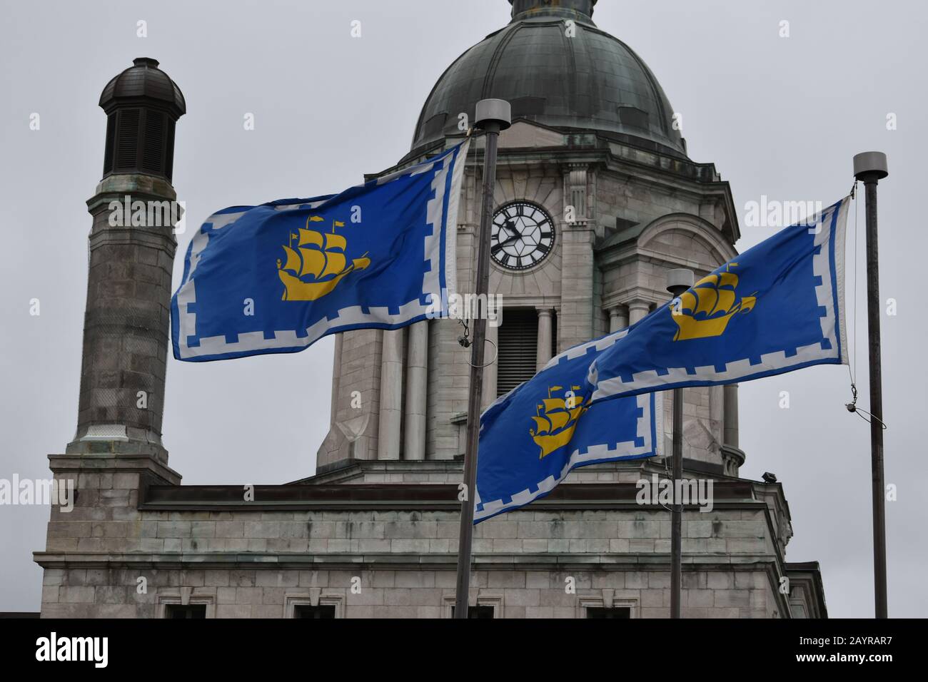 The flag of Quebec City flying over the Ville de Quebec. Canada Stock ...
