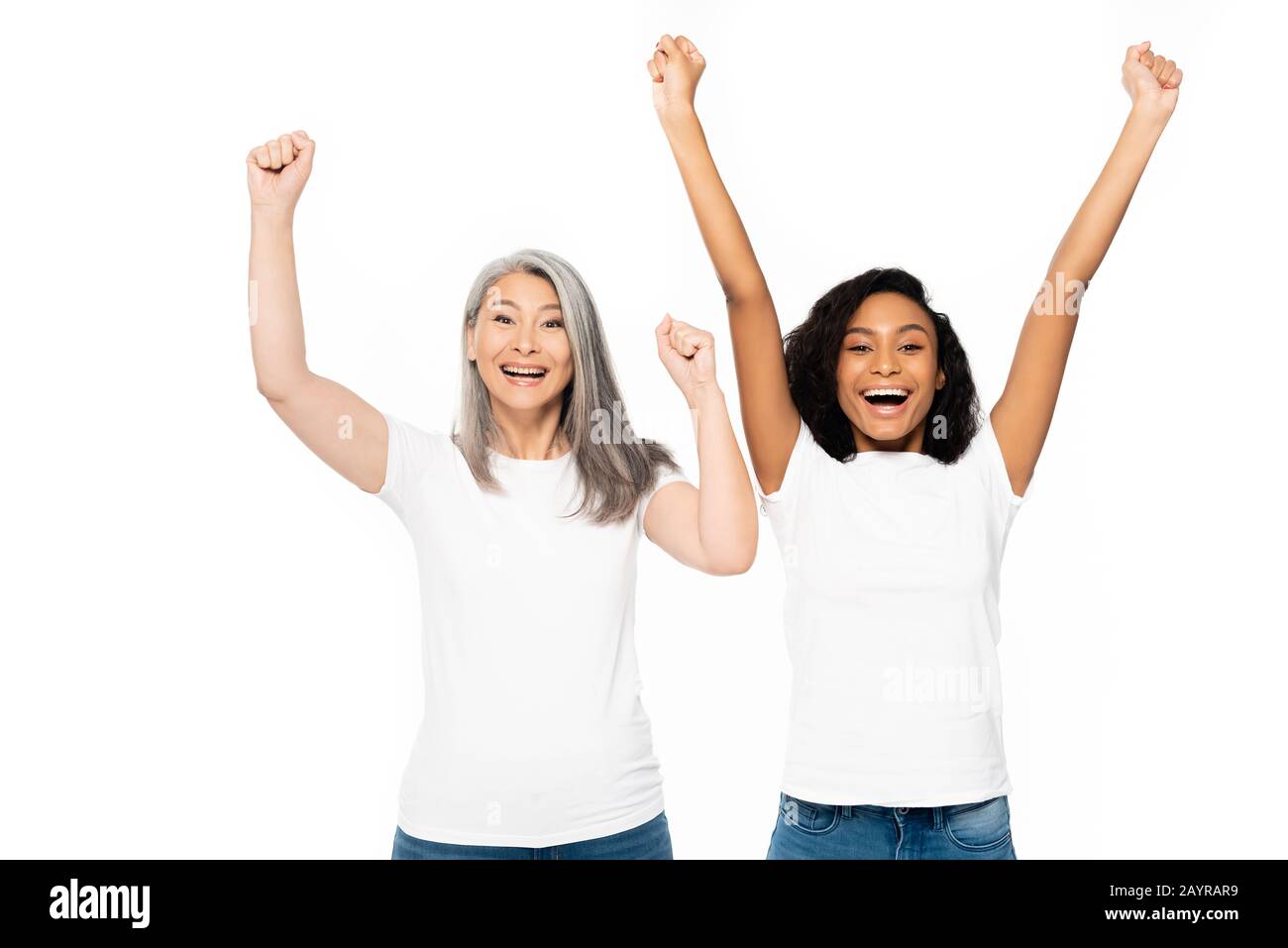 happy multicultural women celebrating triumph isolated on white Stock ...