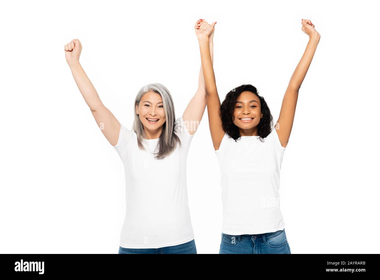 cheerful multicultural women celebrating triumph isolated on white ...