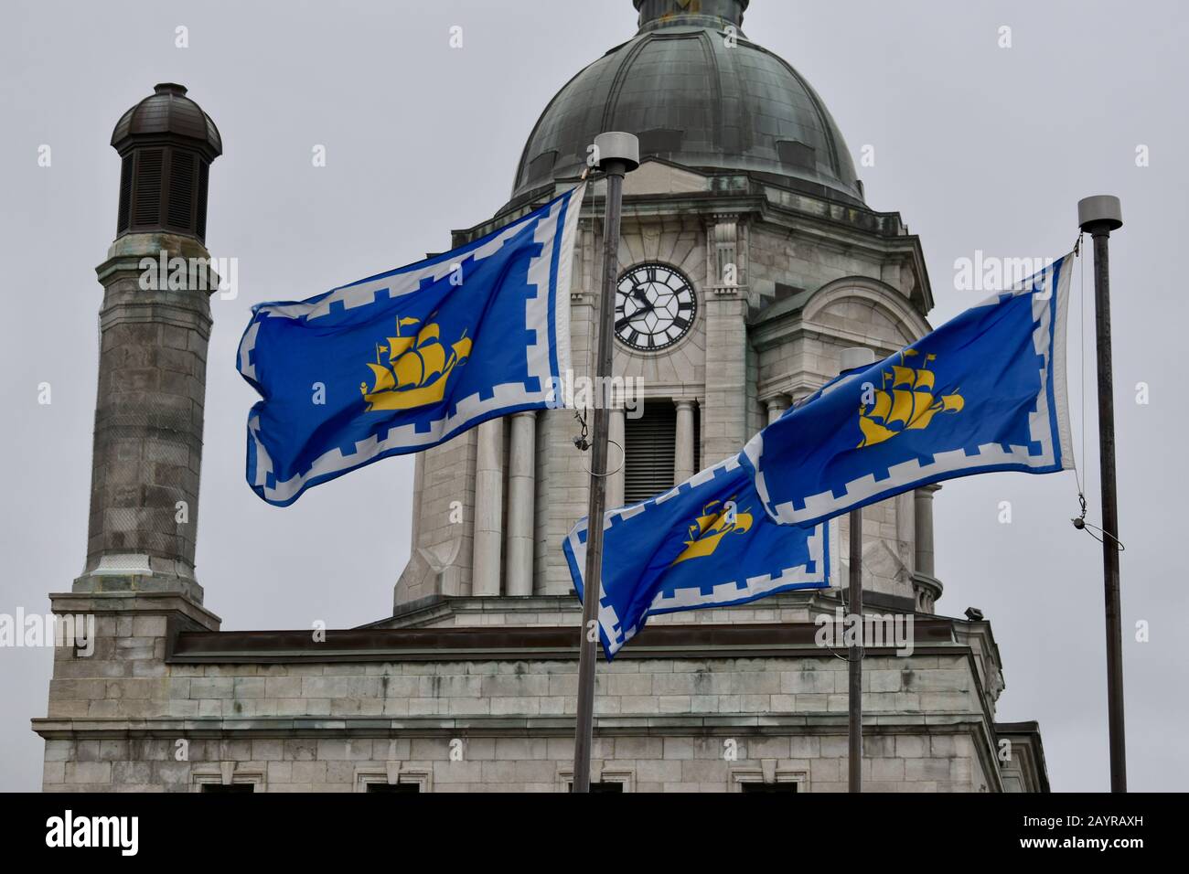 The flag of Quebec City flying over the Ville de Quebec. Canada Stock ...