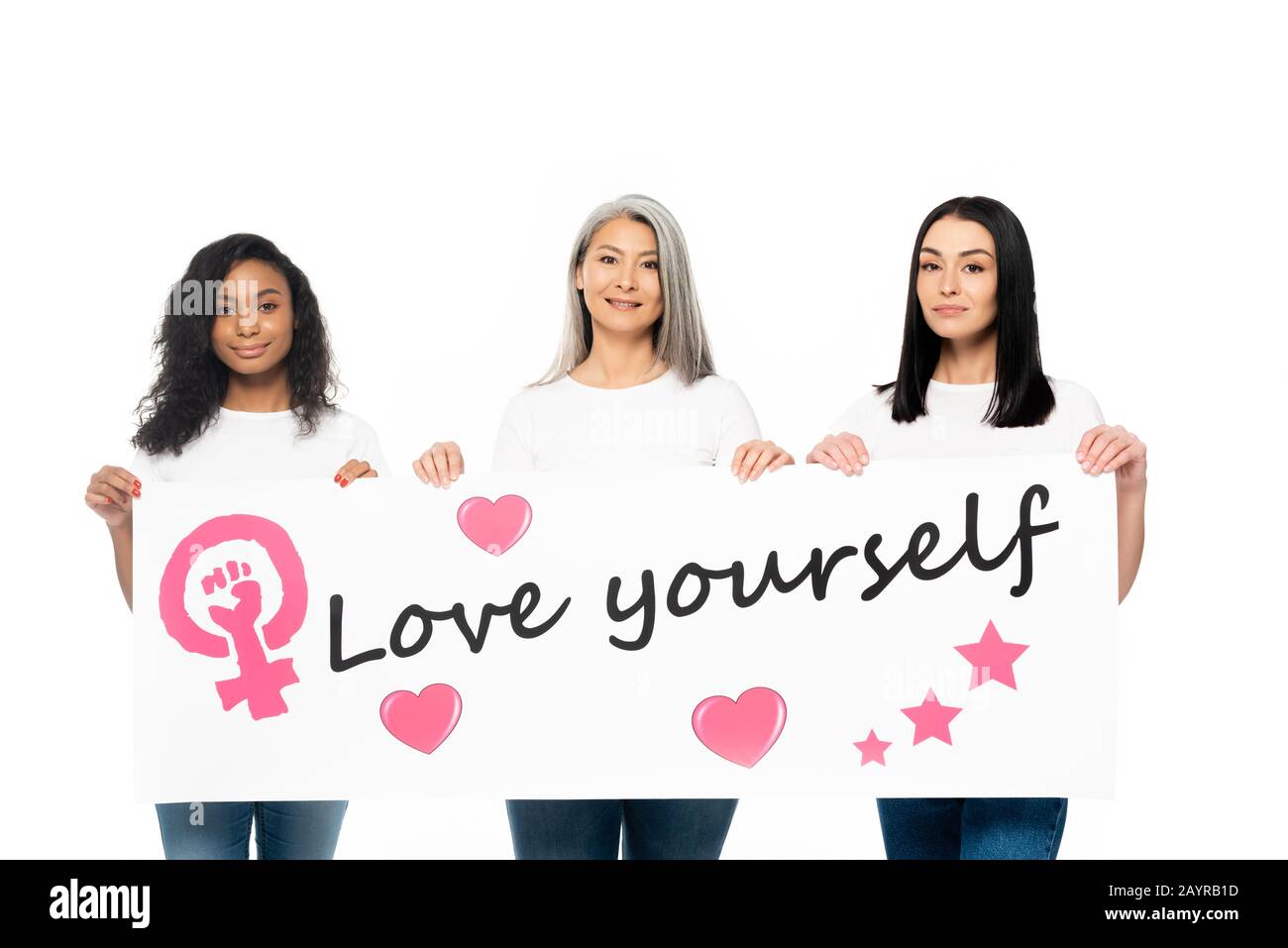 happy multicultural women holding poster with love yourself lettering ...