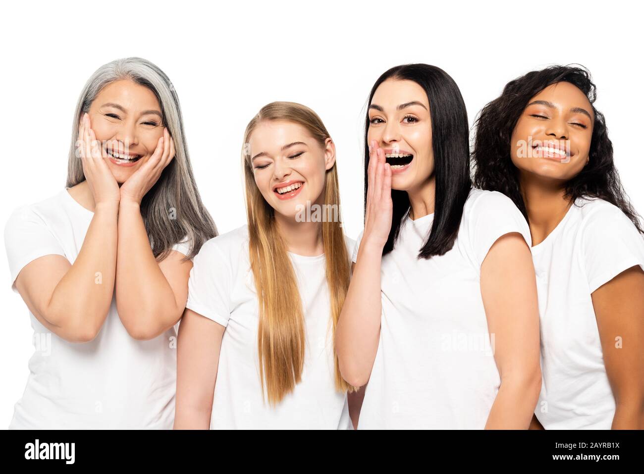 four cheerful multicultural women smiling isolated on white Stock Photo ...