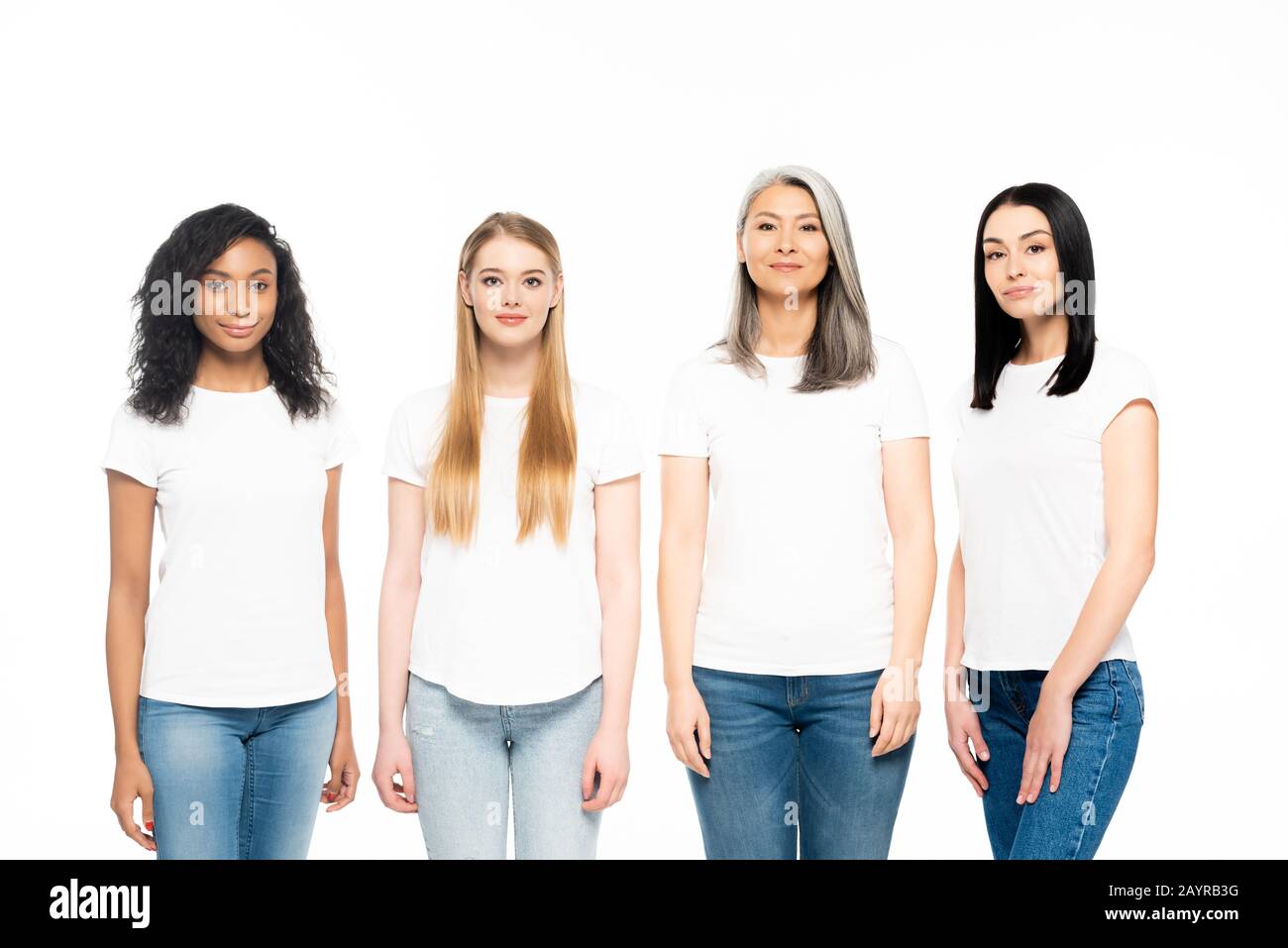 happy multicultural women in denim jeans isolated on white Stock Photo ...