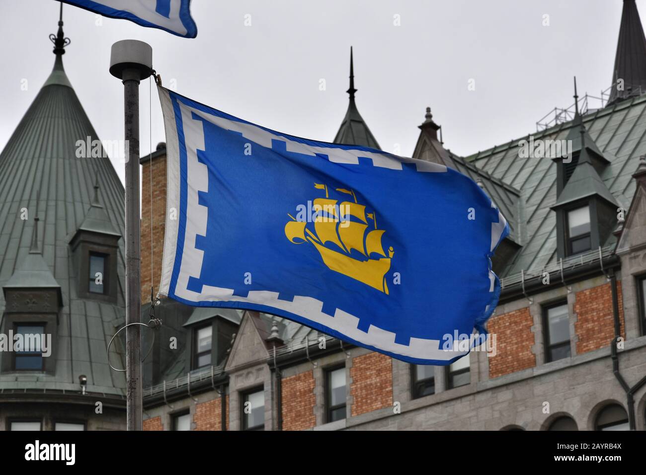 The flag of Quebec City flying over the Ville de Quebec. Canada Stock ...