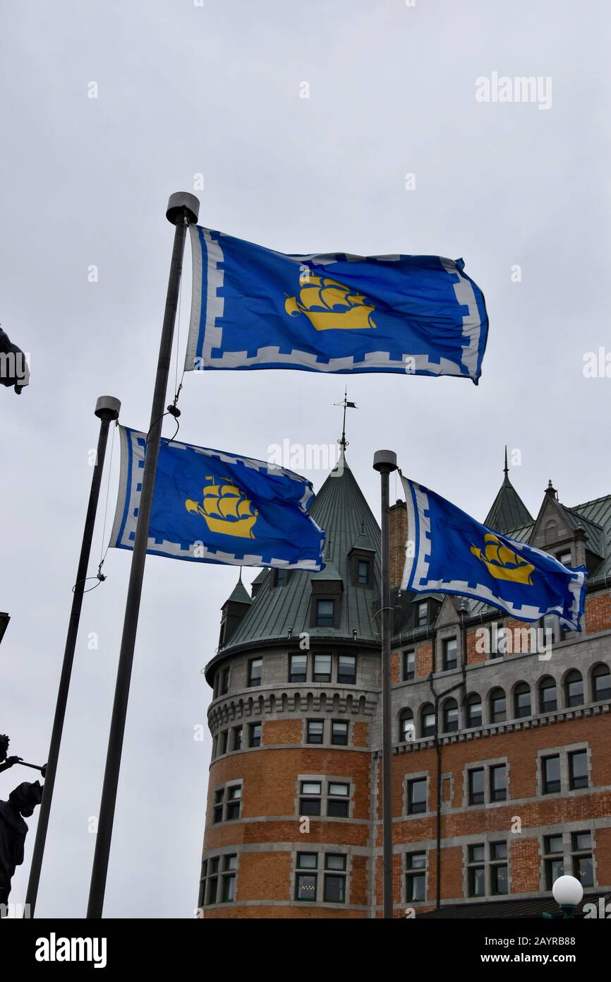 The flag of Quebec City flying over the Ville de Quebec. Canada Stock ...