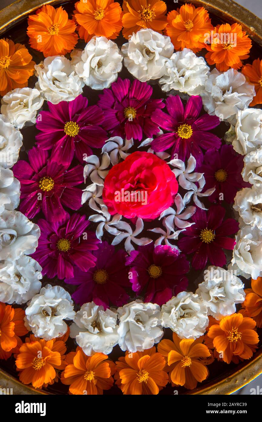 Floating flower arrangements at the Thiripyitsaya Sanctuary Resort in ...
