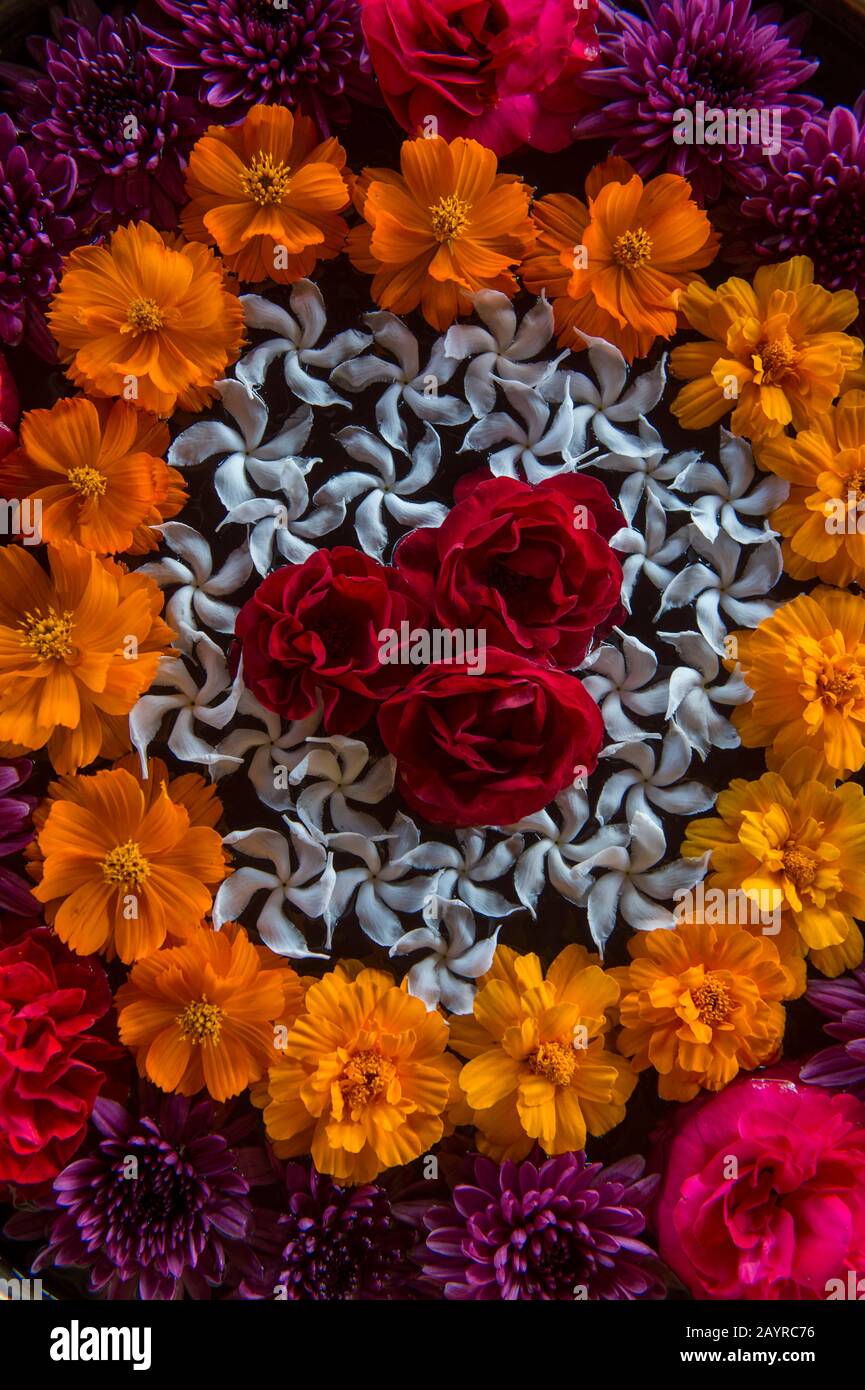 Floating flower arrangements at the Thiripyitsaya Sanctuary Resort in ...