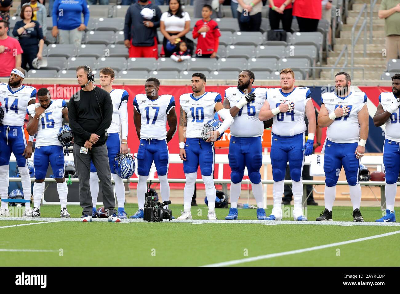 Houston, Texas, USA. 16th Feb, 2020. The St. Louis Battlehawks stand on ...