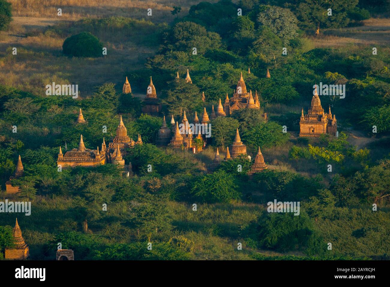 View of temples from a hot air balloon flying over Bagan, Myanmar in ...