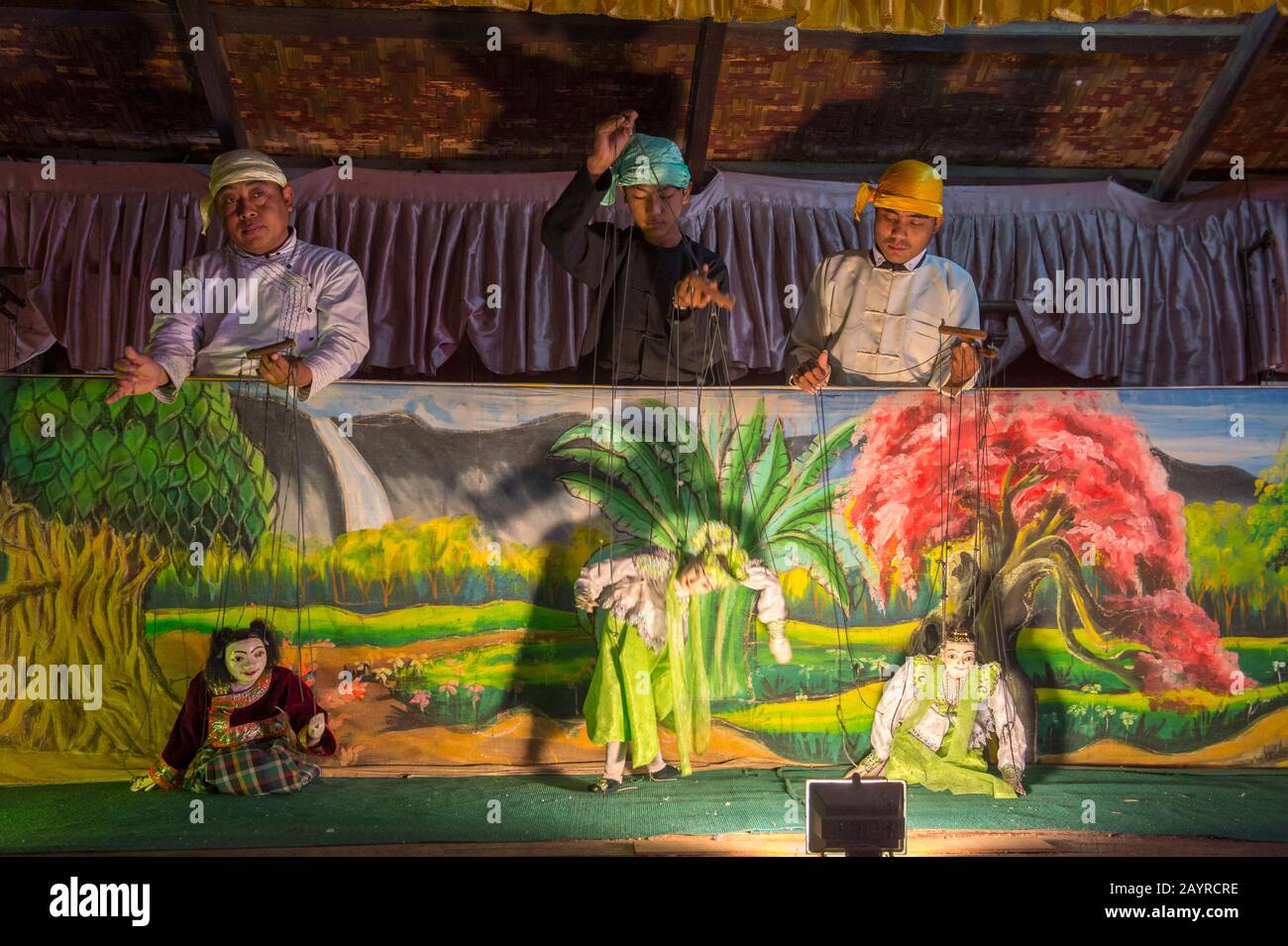 Puppeteers are performing a traditional puppet show in Bagan, Myanmar ...
