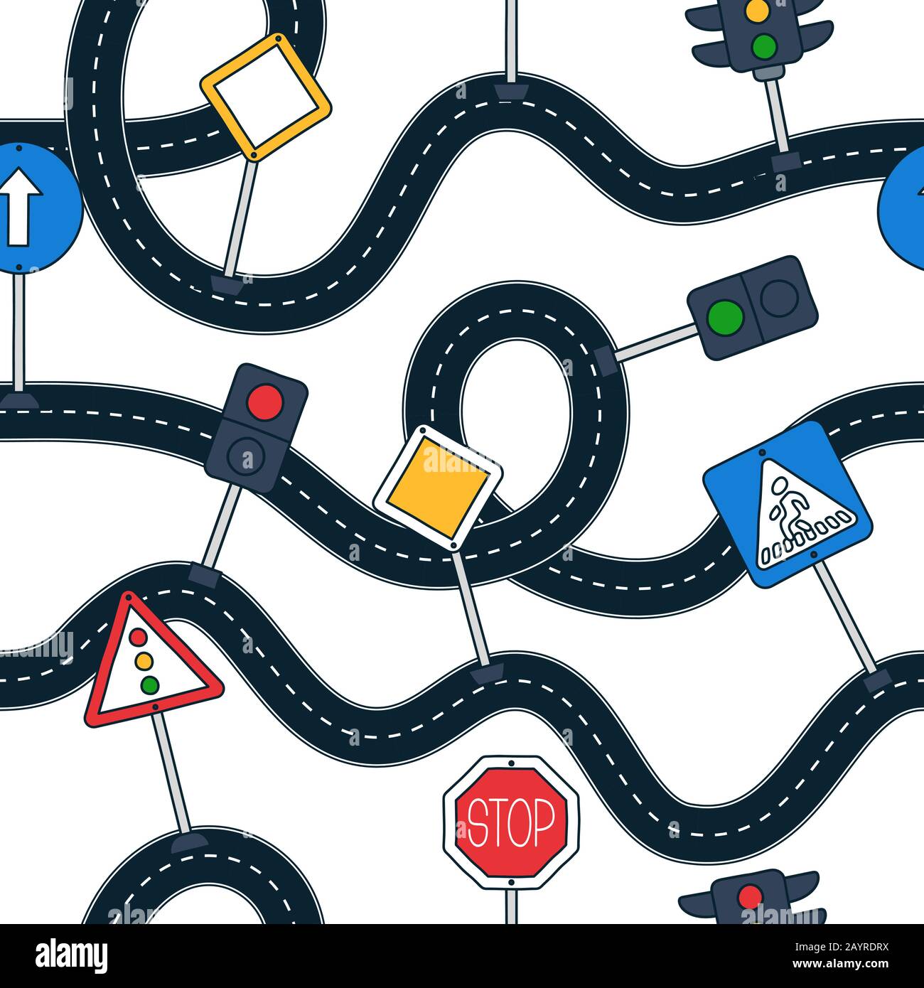 Roadn and sign Seamless vector pattern. Roads and road signs. Top view ...