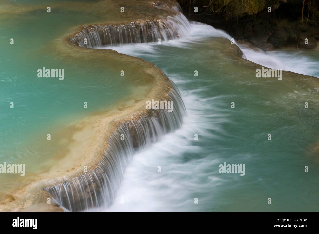 Cascades and turquoise blue pools of the Kuang Si Falls near Luang ...