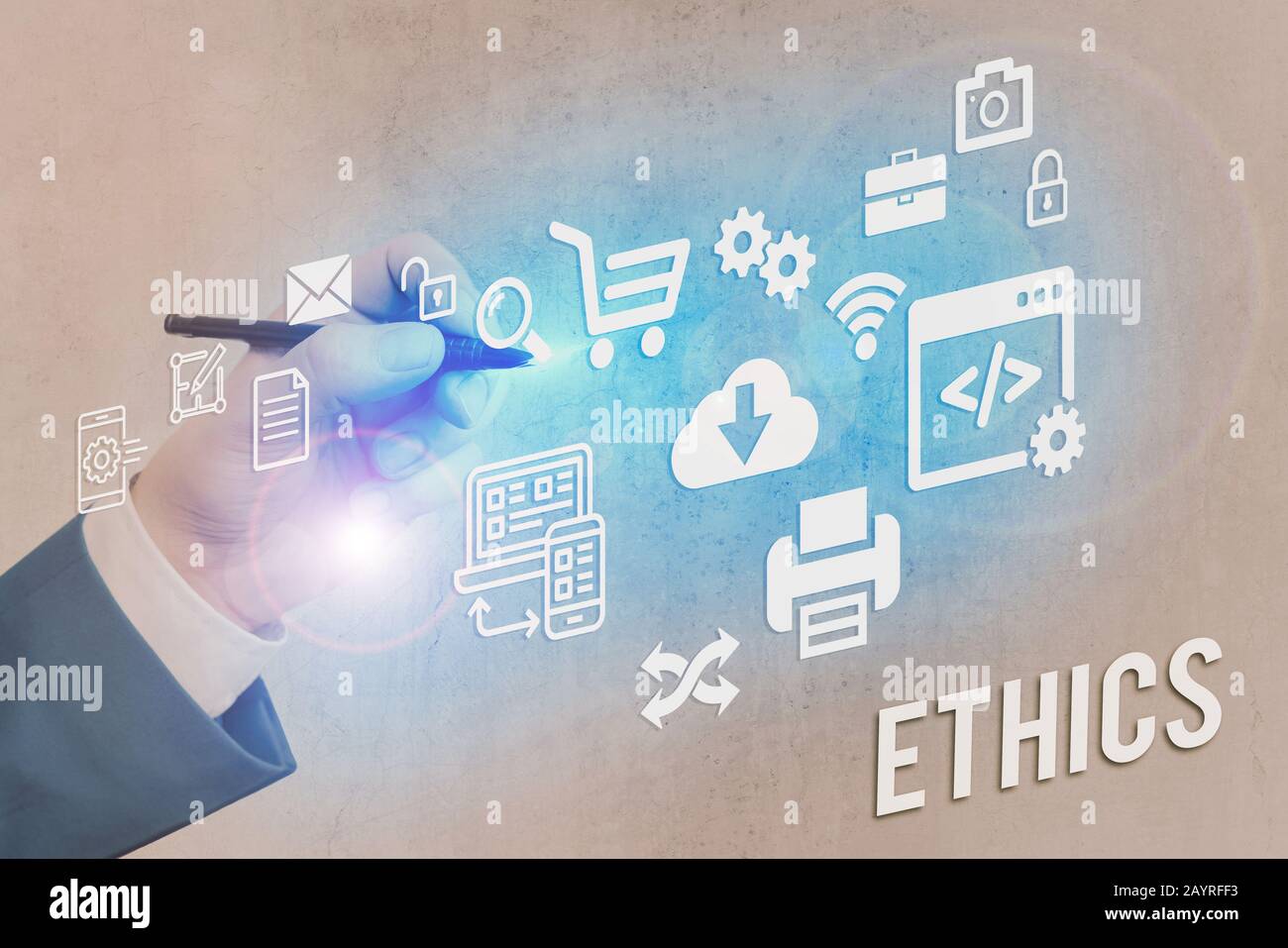 Conceptual hand writing showing Ethics. Concept meaning the moral ...