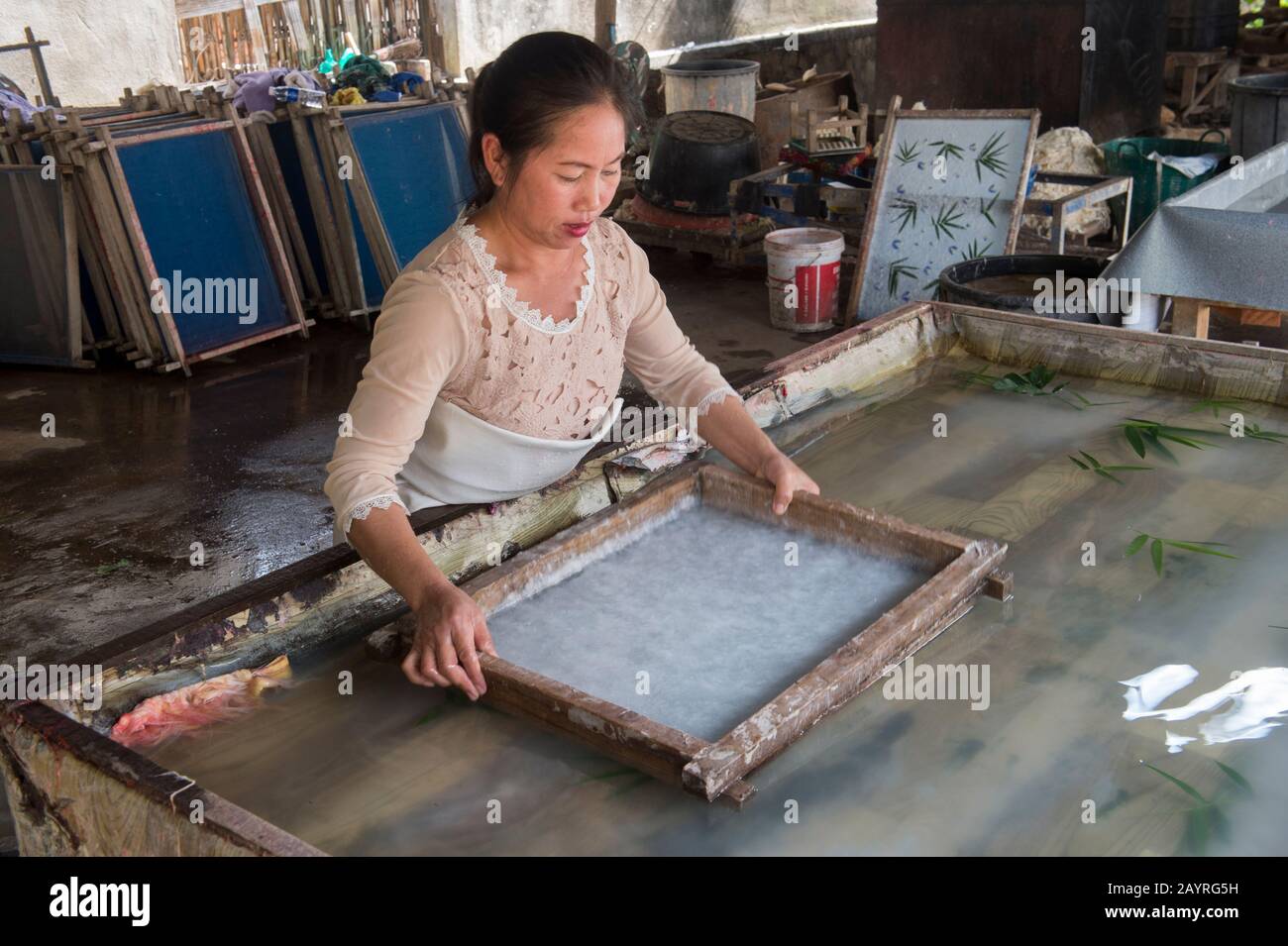 The jute paper production (fibers are being spread in water in a sift ...