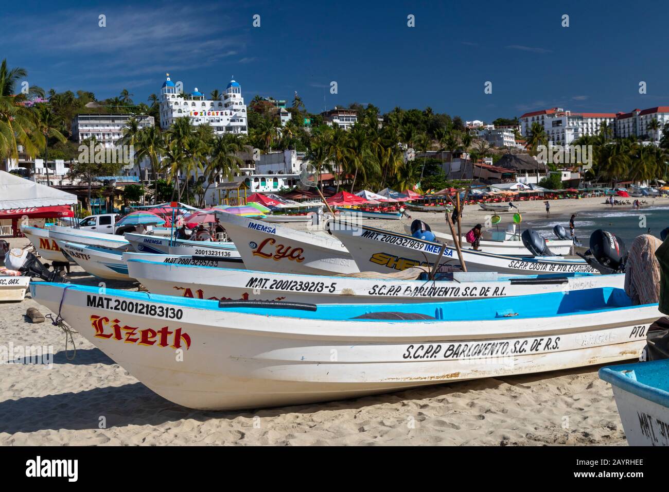 Puerto Escondido, Oaxaca, Mexico - Fishing boats on the Playa Principal ...