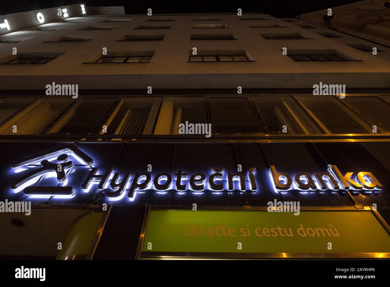 PRAGUE, CZECHIA - NOVEMBER 1, 2019: Hypotecni banka logo in front of ...