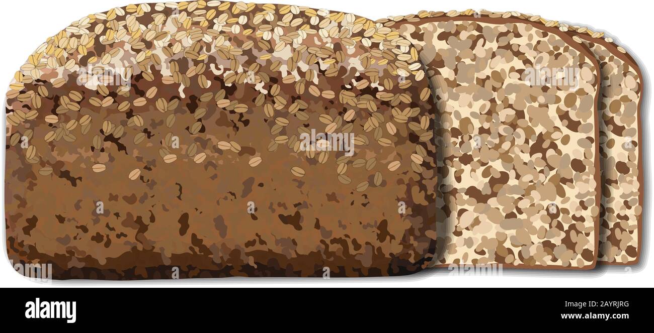 Loaf and slices of brown whole wheat bread on white background vector ...
