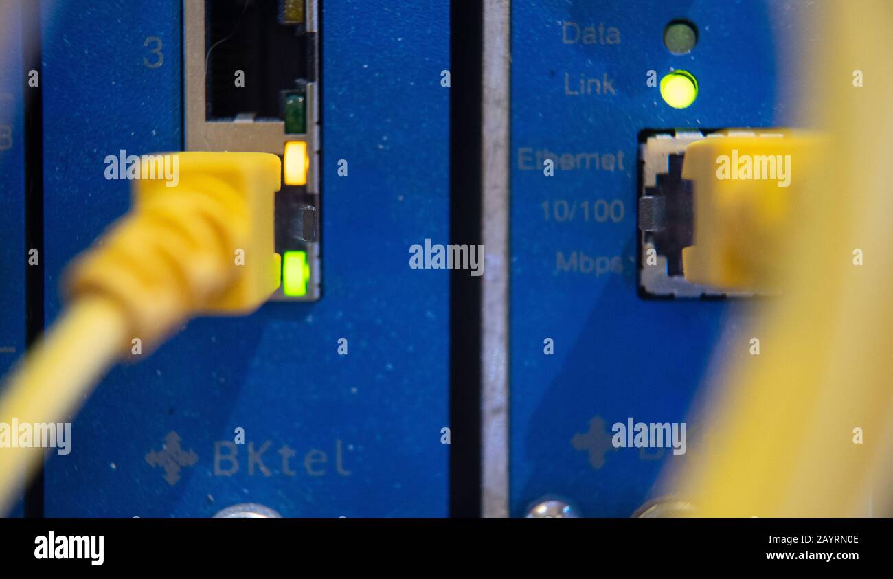Stuttgart, Germany. 13th Feb, 2020. Ethernet cables are plugged into a ...