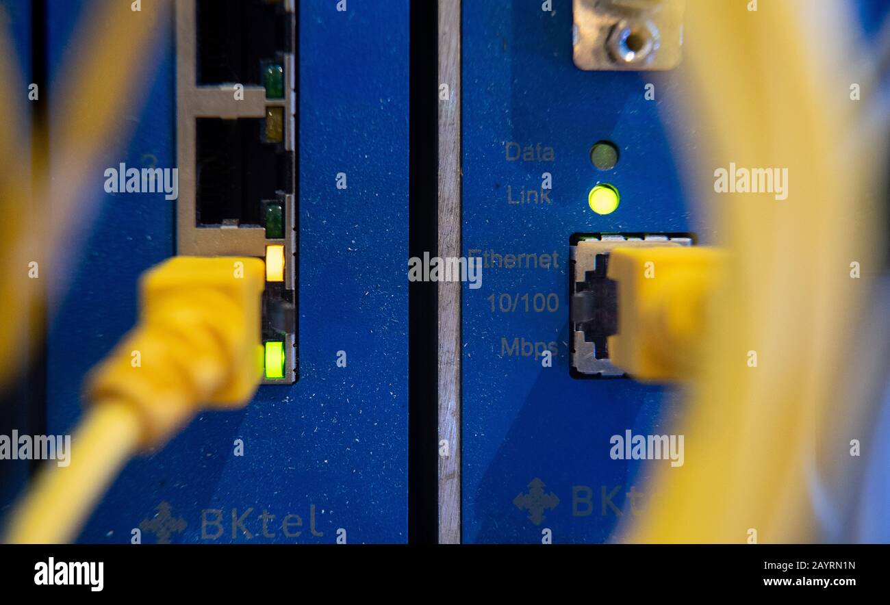 Stuttgart, Germany. 13th Feb, 2020. Ethernet cables are plugged into a ...