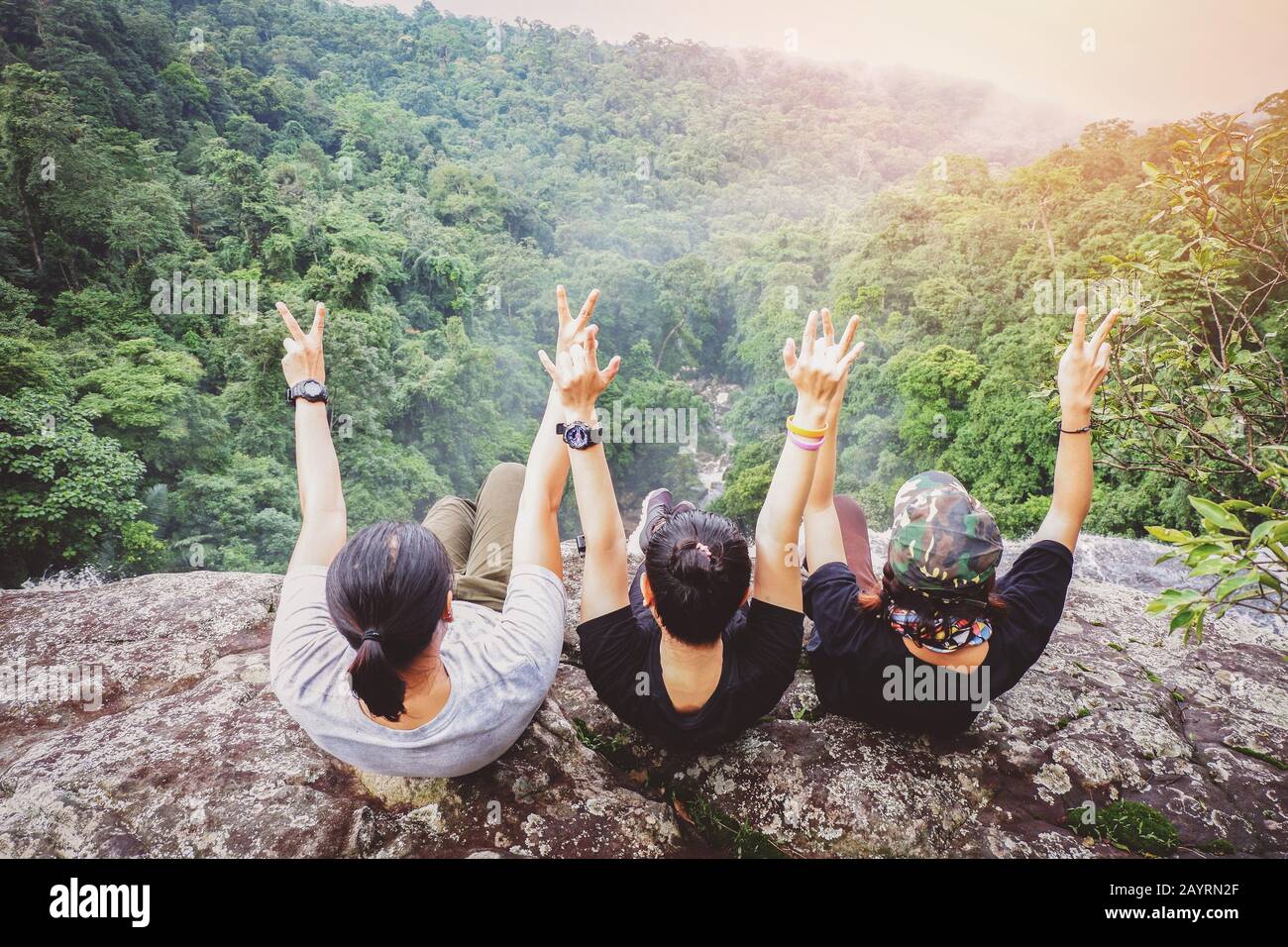 Outdoor adventure and traveler woman happy relaxing on nature forest ...