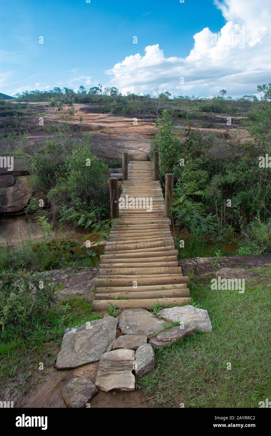 Wooden pathway in a rural scenery. Das Andorinhas, Ouro Preto. Brazil ...