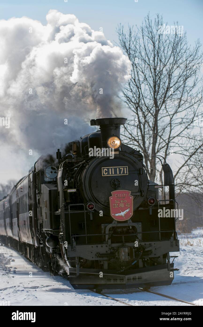 A steam train is going through the countryside in the winter near the ...