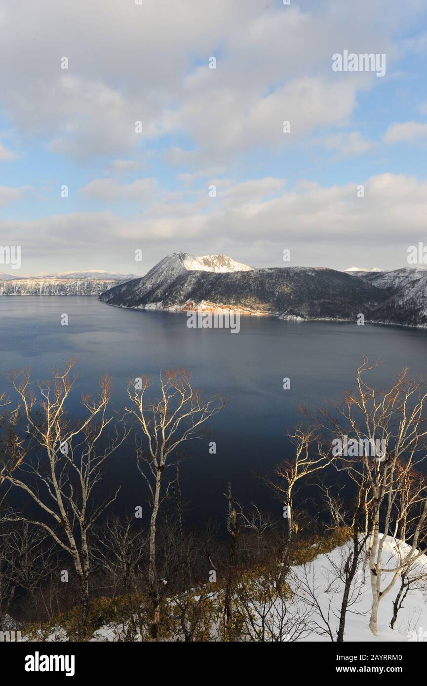 View of Lake Mashu, which is a caldera lake in Akan National Park on ...