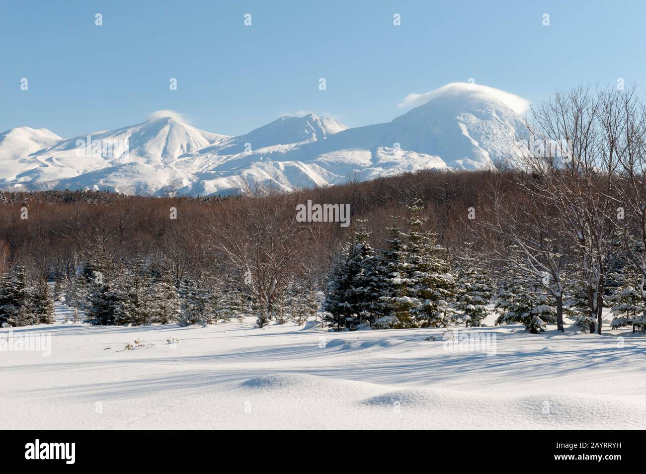 Snowy landscape in the winter with the volcanic Shiretoko mountain ...