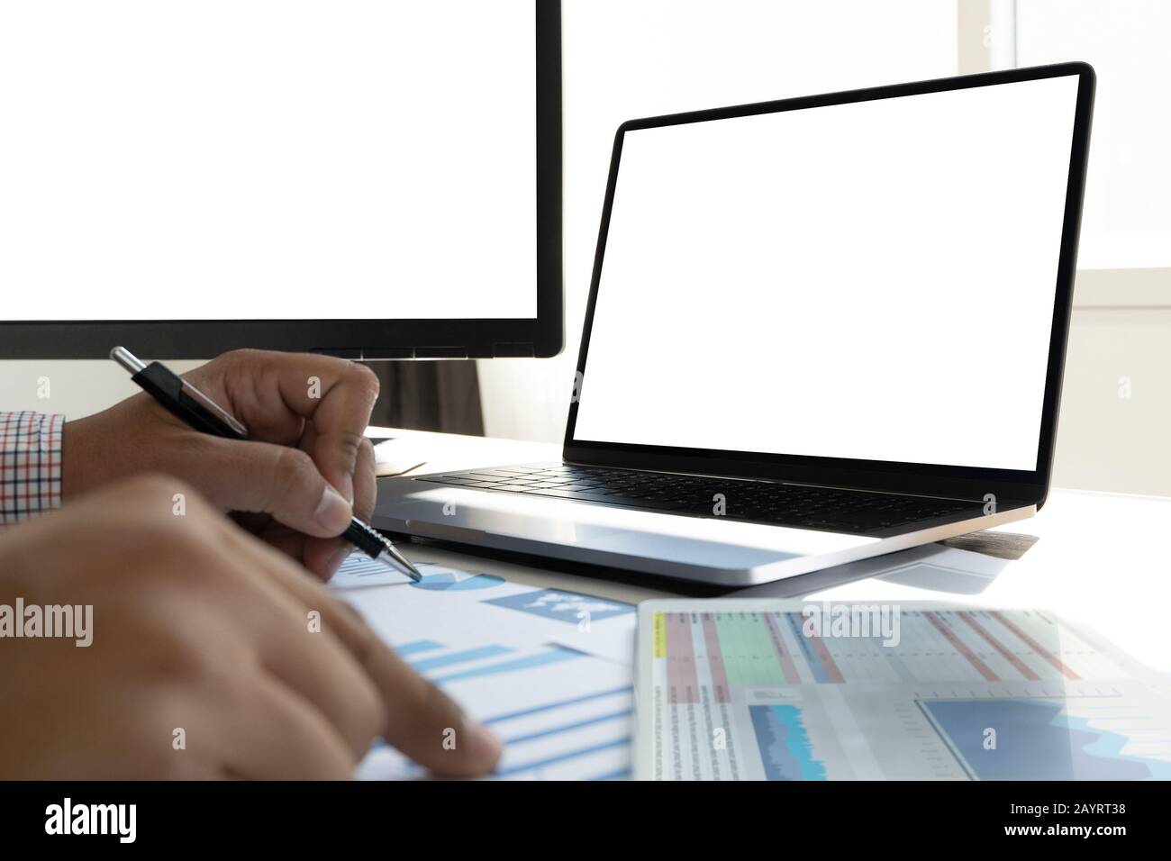 man Using laptop with blank screen work on Blank screen computer Cloud ...