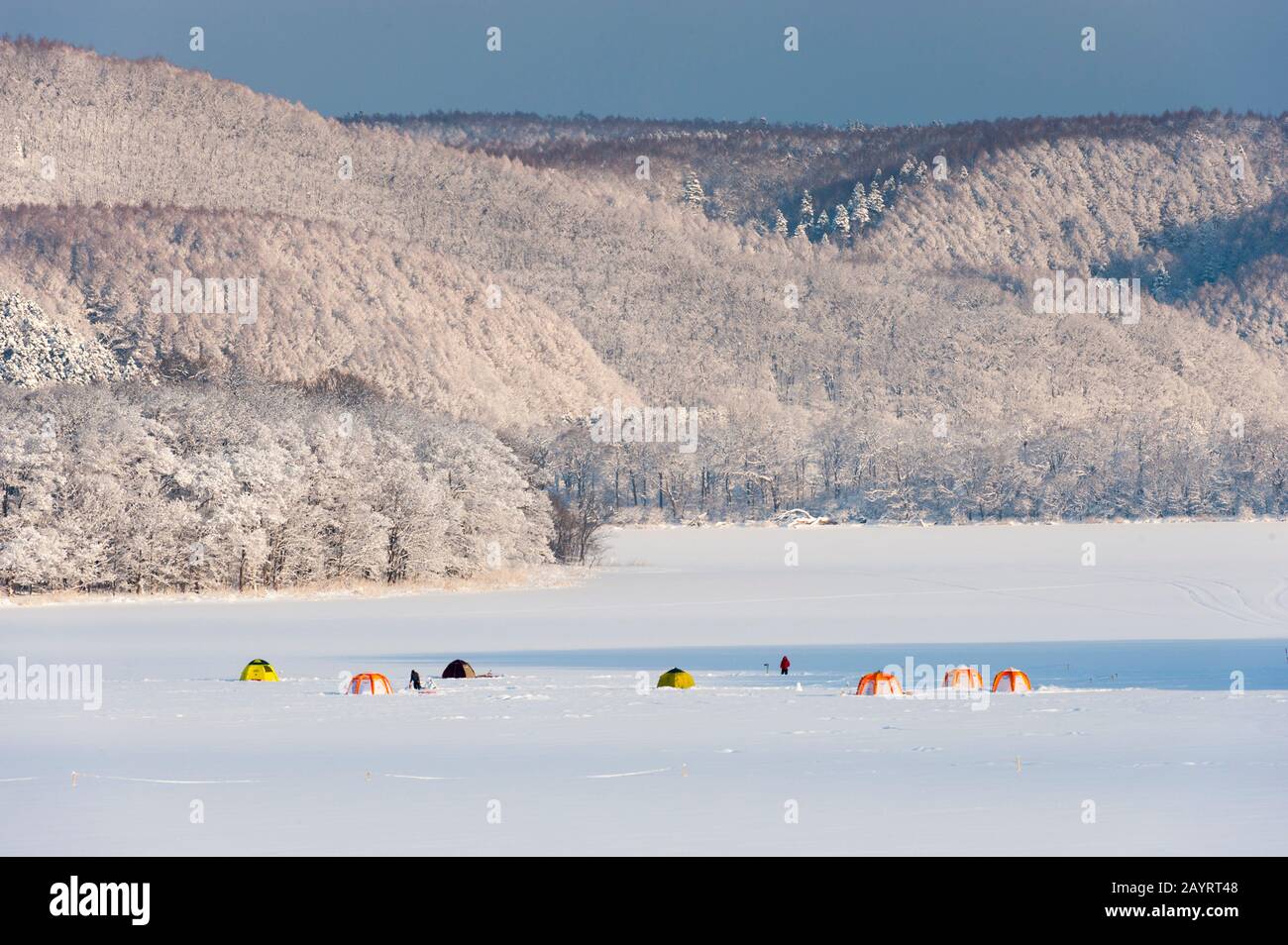 View of frozen Lake Abashiriko and forest covered with snow near ...