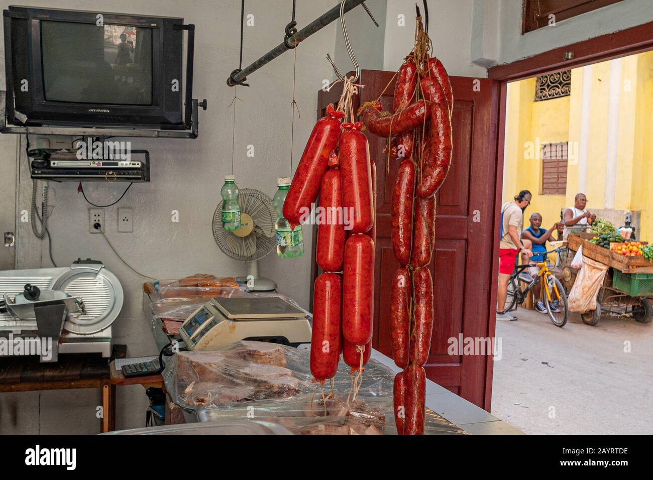 November 26, 2019, Havana, Cuba: Close-up of raw sausages hanging in ...