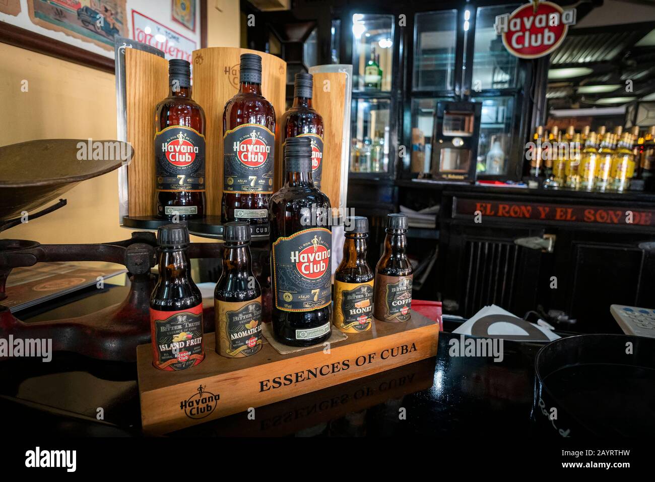 November 27, 2019, Havana, Cuba: Various types of Cuban rum on the bar ...