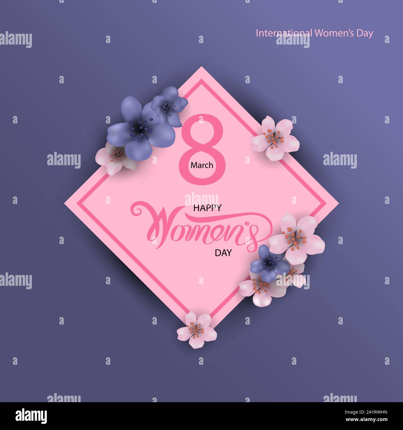 8 March sign and Abstract Pink Floral Greeting card.International Happy ...