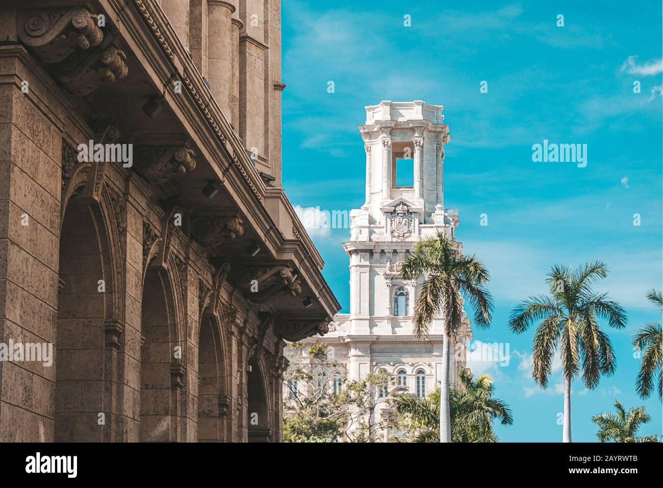The tower is in the classic colonial style. Historic building in Havana ...