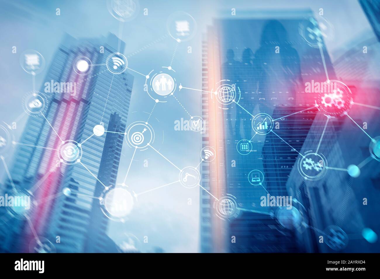 Smart City and Wireless Communication Network. Business District with ...