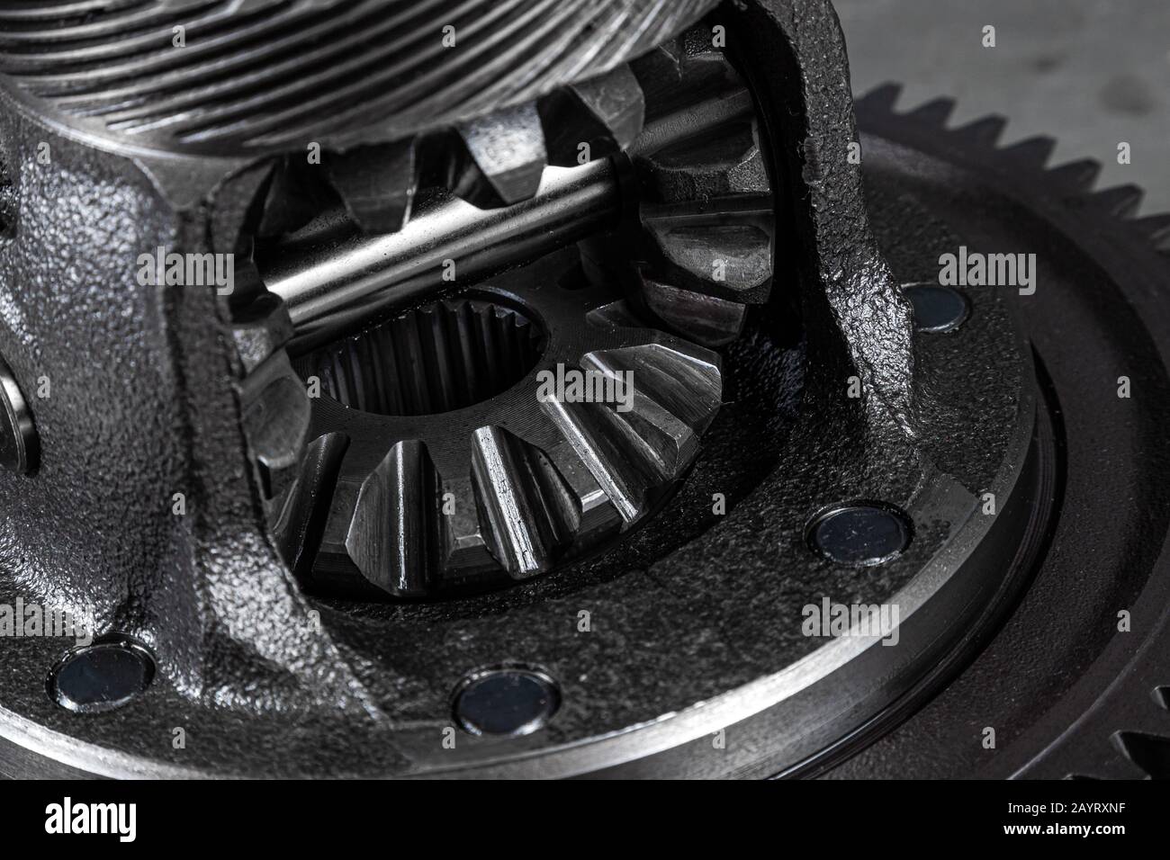 Close-up of a car gearbox. Metallic shiny gears for planetary gearshift ...