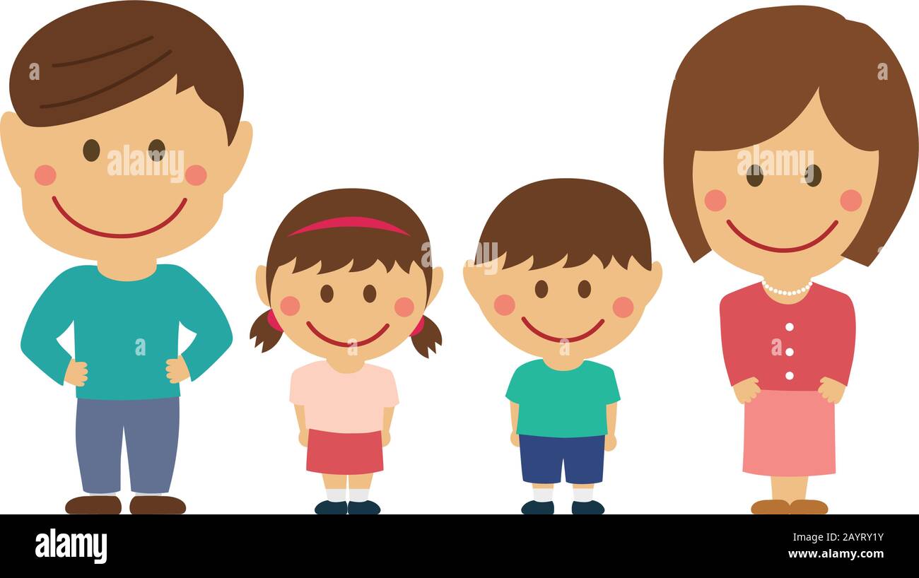 Cartoon Asian Family Of 4