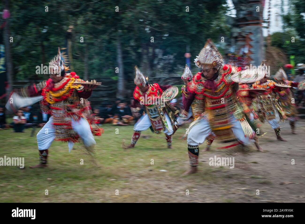 Bali Indonesia - June 26, 2010: A group of colorful Baris dancers ...