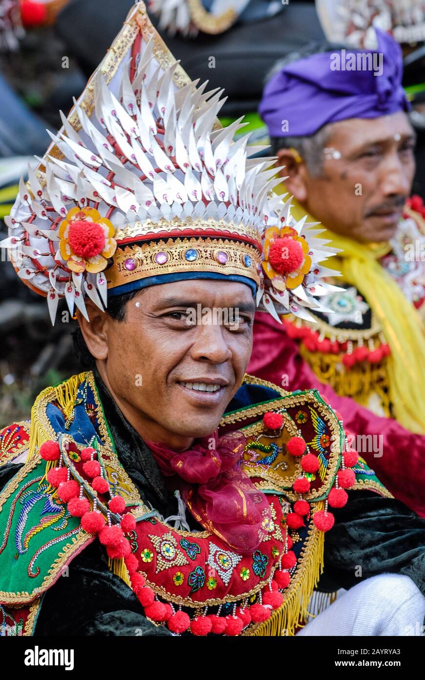 Bali Indonesia - June 26, 2010: A group of colorful Baris dancers ...