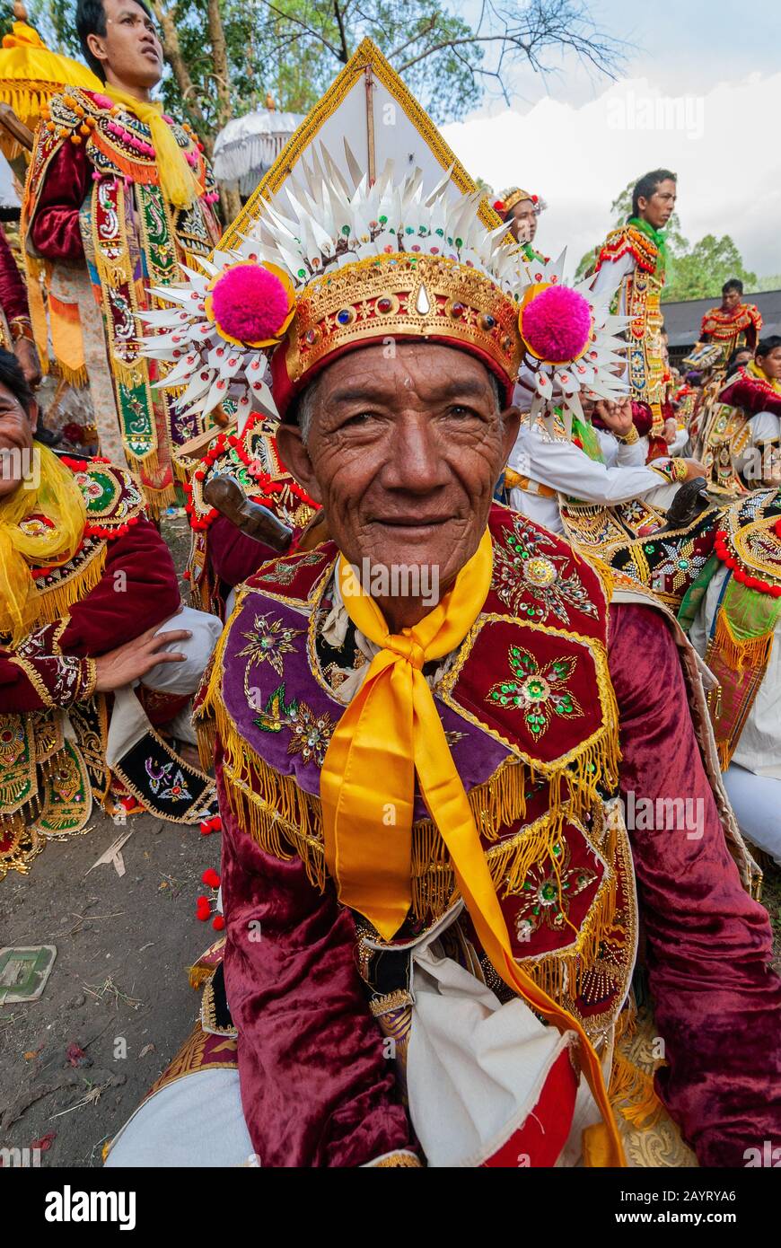 Bali Indonesia - June 26, 2010: A group of colorful Baris dancers ...