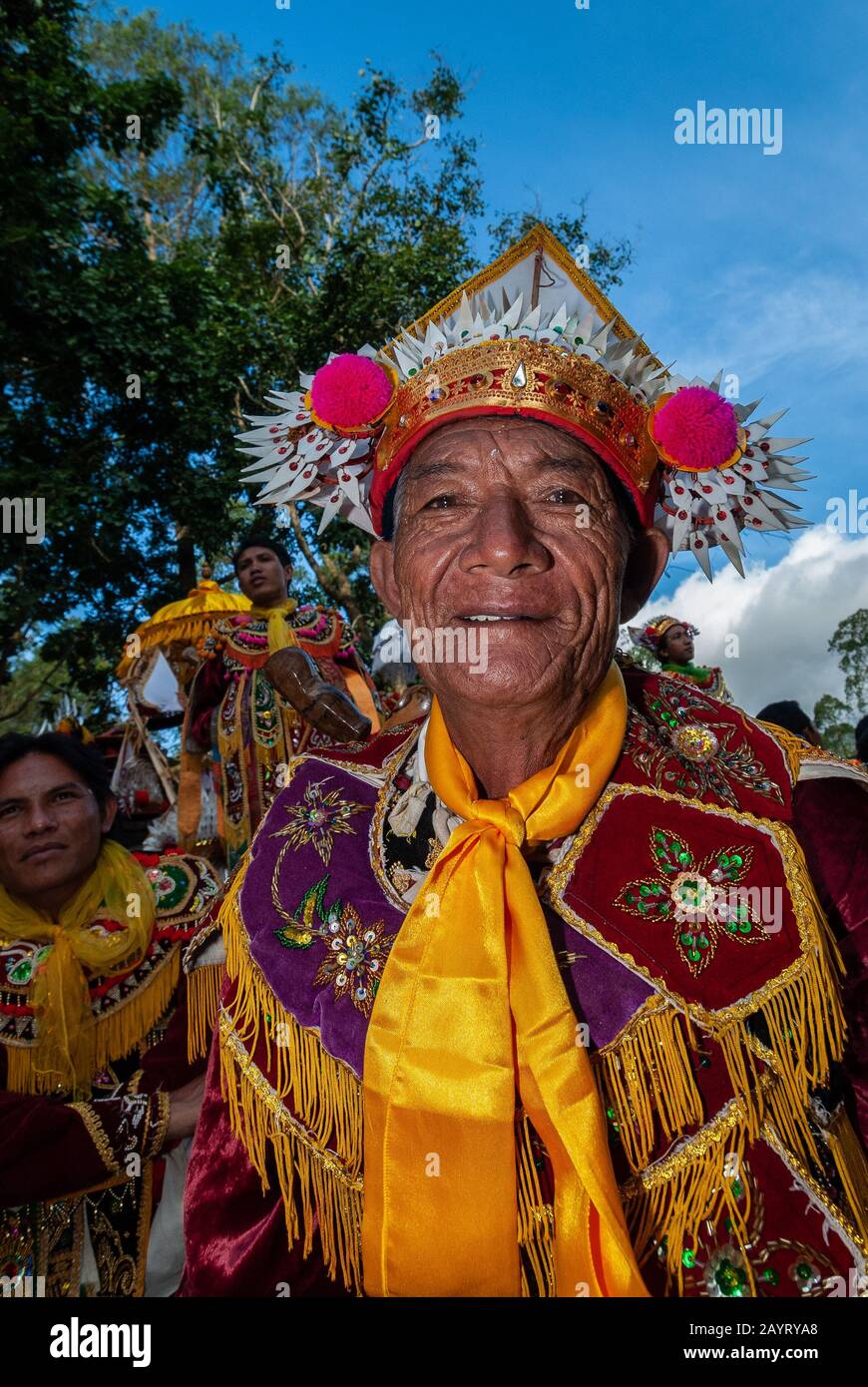 Bali Indonesia - June 26, 2010: A group of colorful Baris dancers ...