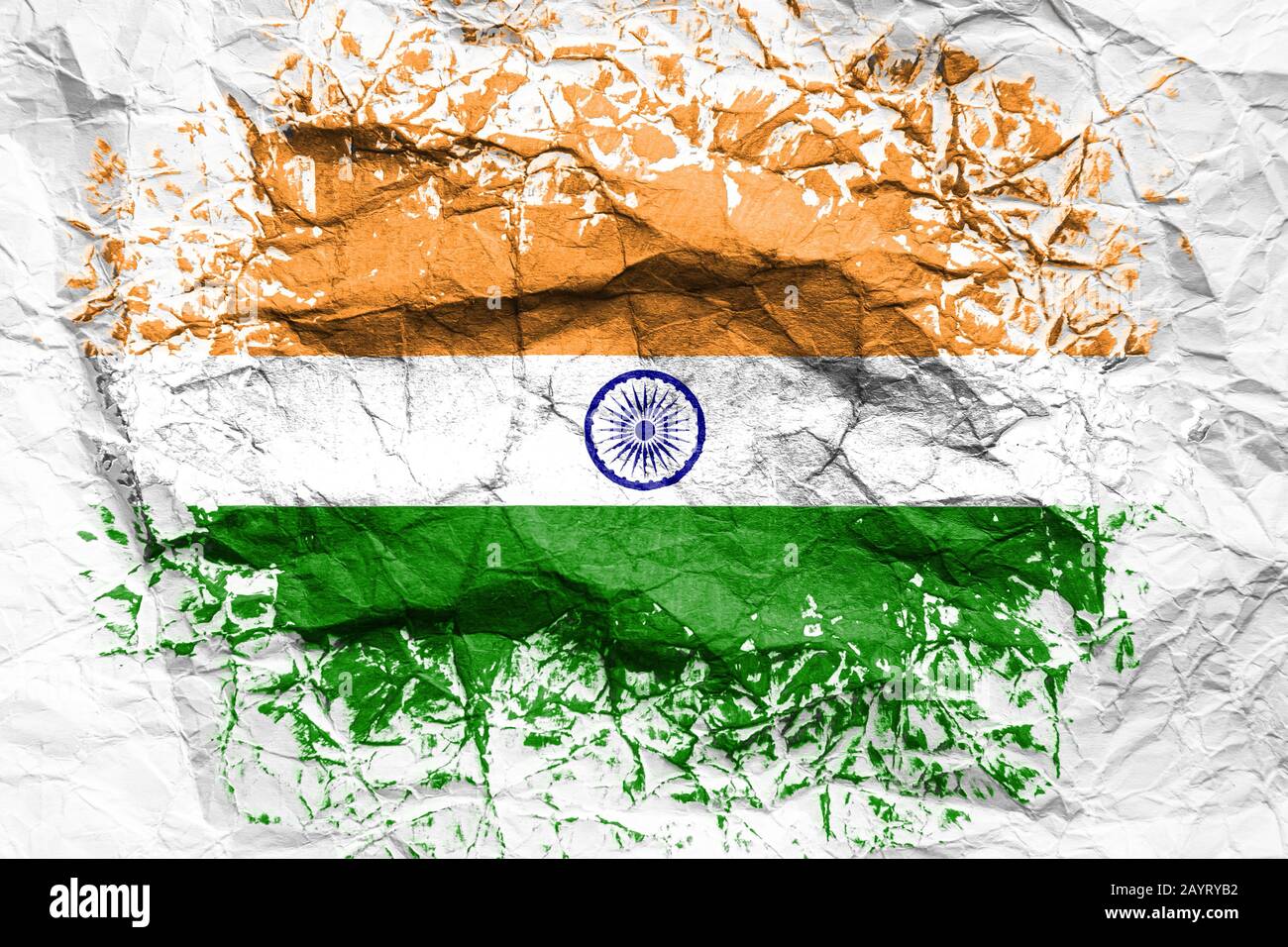 The national flag of the India is painted on crumpled paper. Flag ...