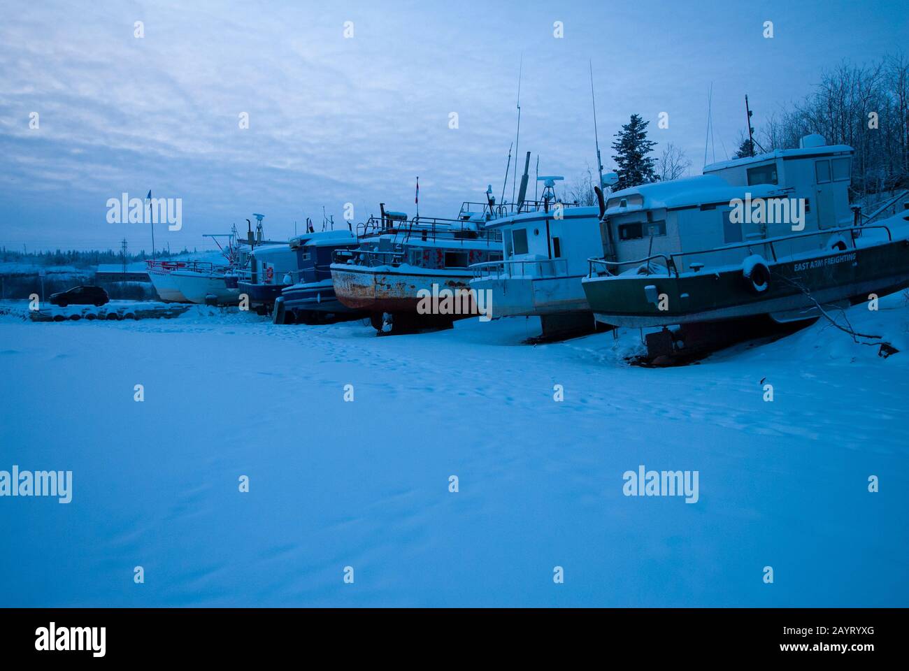 Boats in winter storage at the Giant Mine boat launch and dock in ...